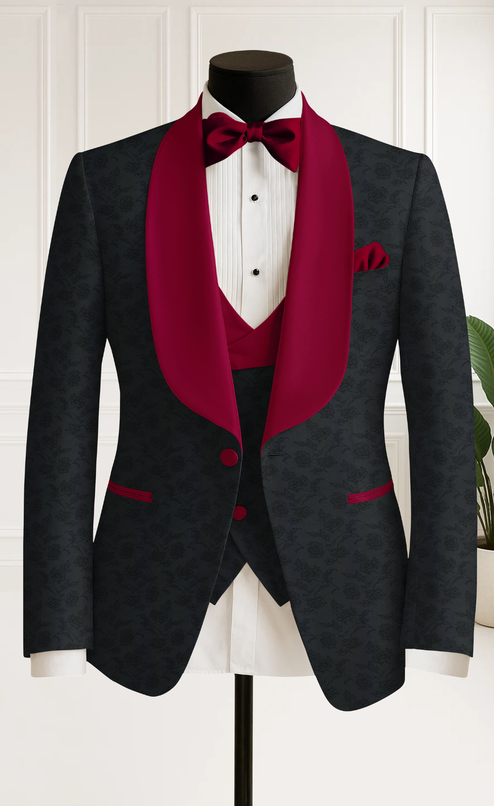 Midnight Crimson Tuxedo – Limited Edition Black Jacquard with Maroon L ...